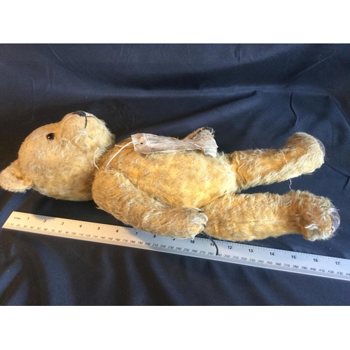 RARE ORIGINAL WW2 42CM TALL CHILDS EVACUEE TEDDY BEAR WITH TAG AND MEDAL